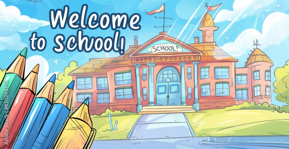 Colorful cartoon illustration of a welcoming school environment Stock ...