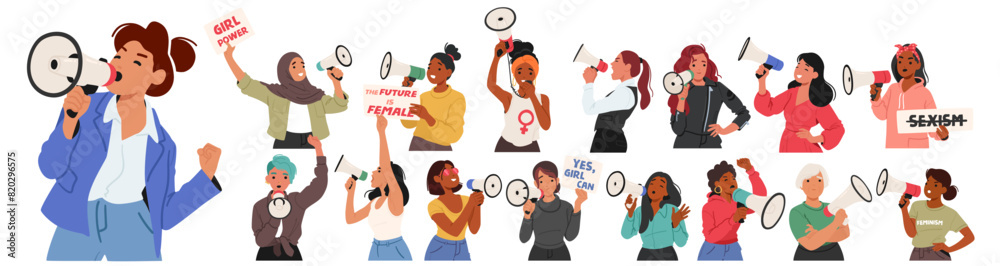 Diverse Women Holding A Megaphones And Advocating For Gender Equality ...