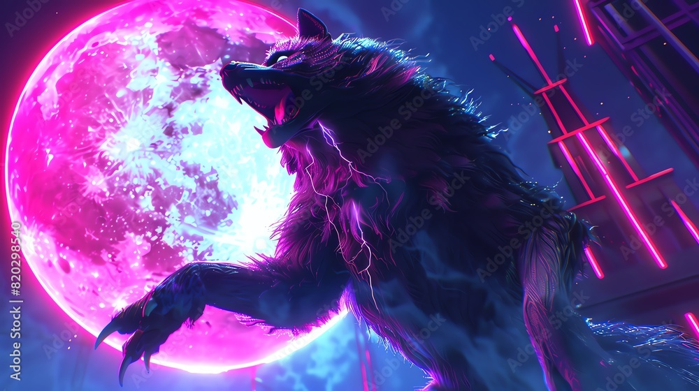 Dark neon werewolf under a bright pink full moon in a futuristic city ...
