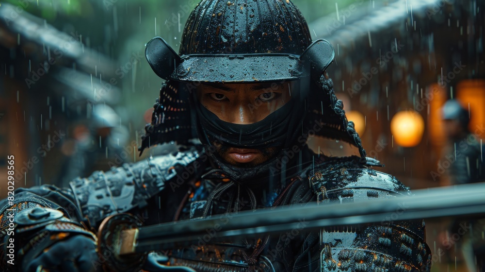 Animated samurai fighter with Japanese armor and a hidden face, holding ...