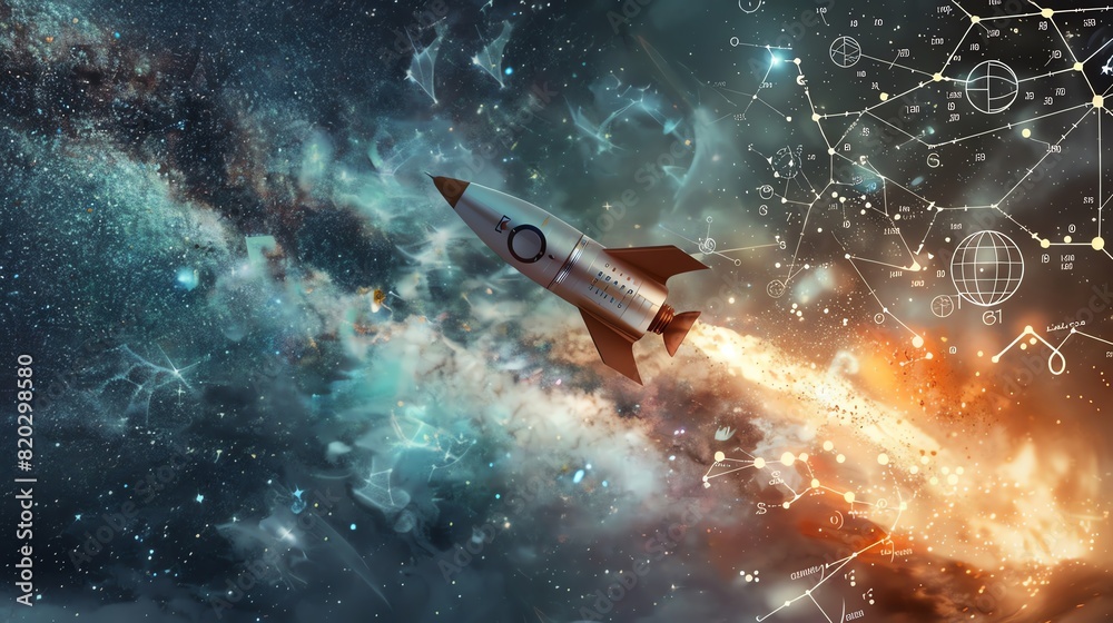 Dynamic rocket launch in outer space with bright flames and cosmic ...