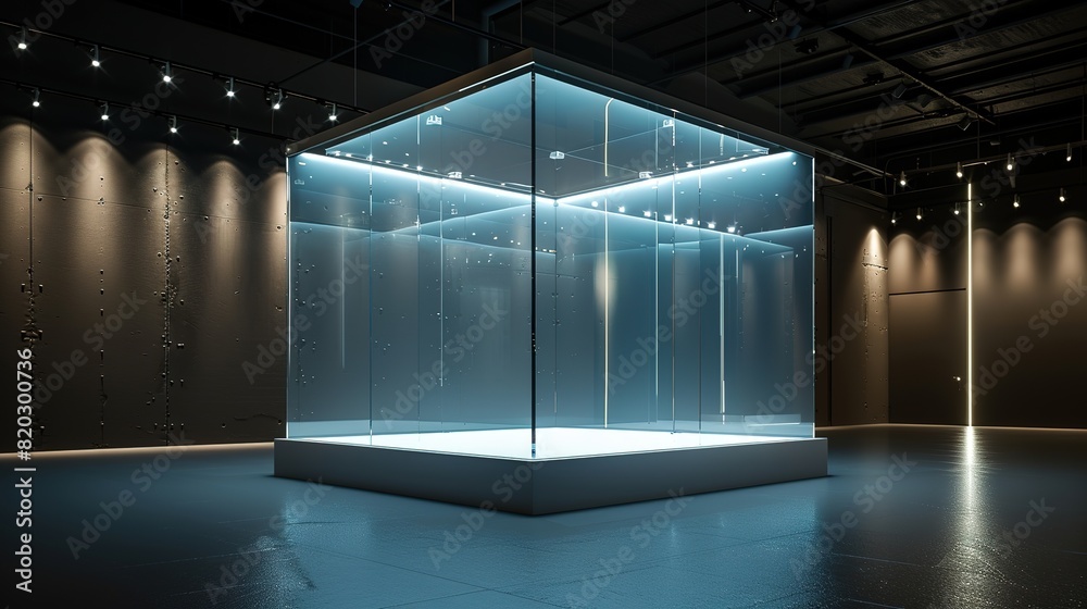 Glass display case for the exhibition in the shape of a cube ...