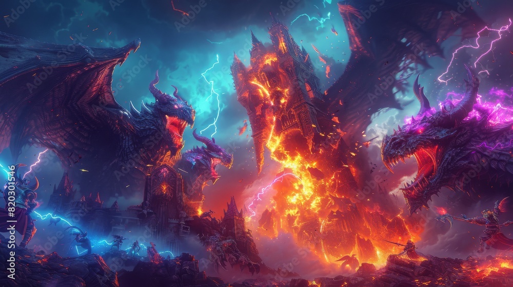 ภาพประกอบสต็อก Epic Dragon Battle with Elemental Fire and Ice Powers in ...