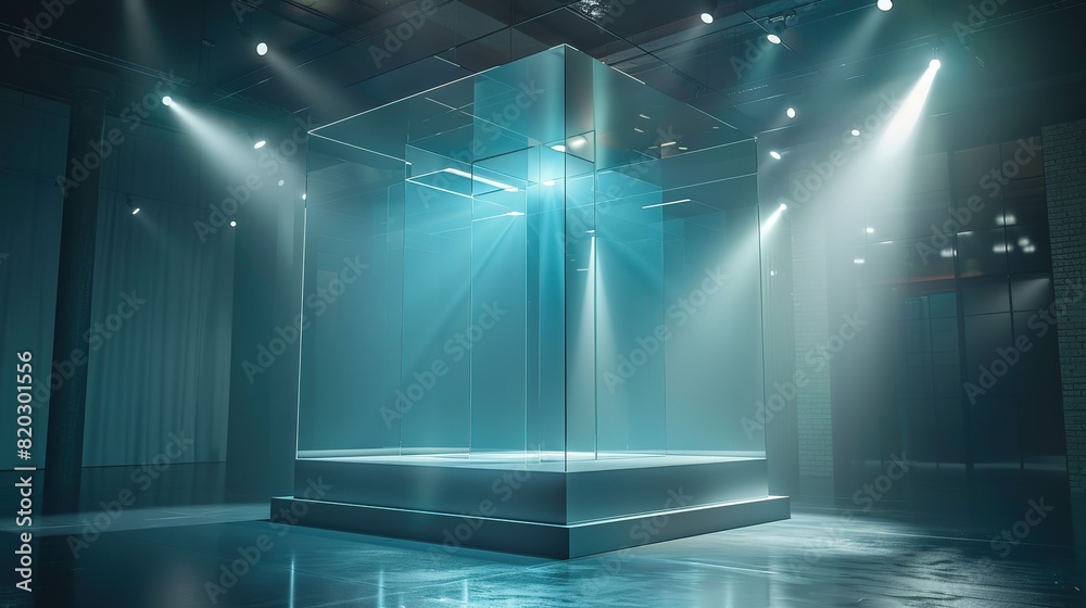 Glass display case for the exhibition in the shape of a cube ...