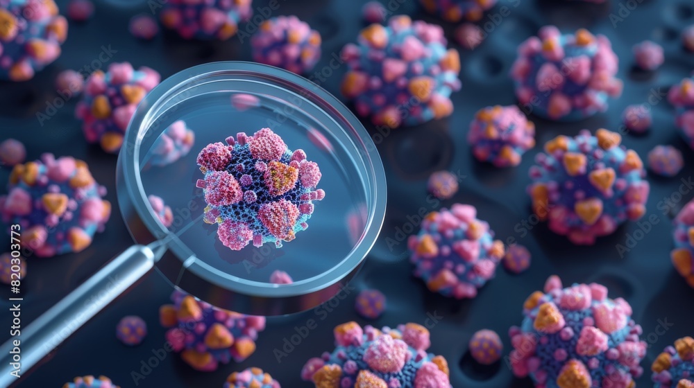Close-up illustration of magnified virus particles under a microscope ...