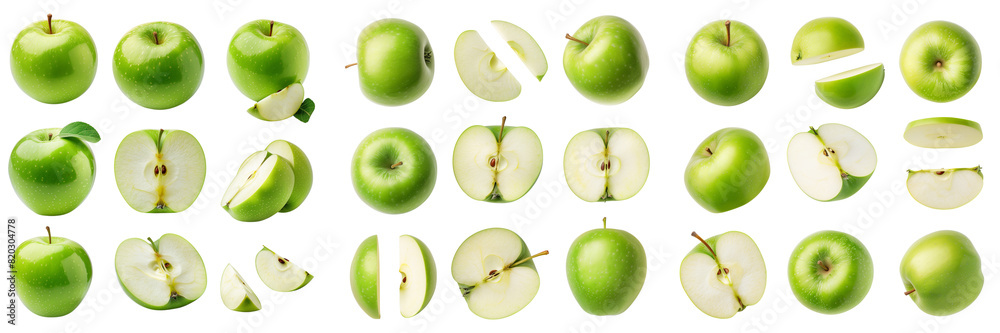 Green apple fruit, different angles and view side top front group ...
