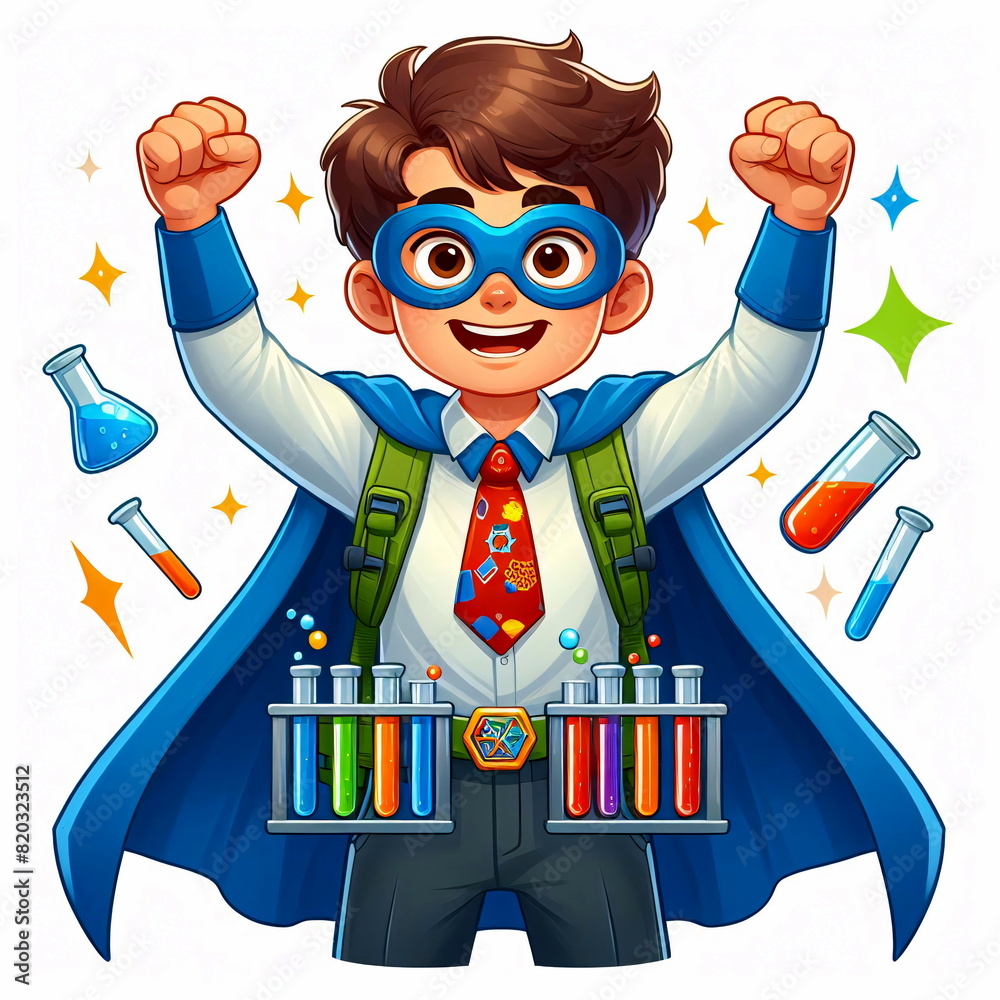 A superhero little cute intelligent schoolboy celebrating his ...