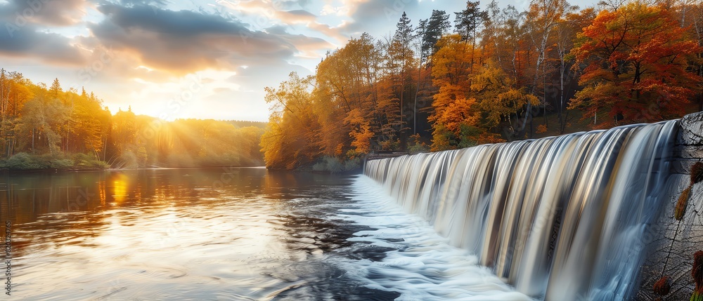 Waterfall and dam in autumn landscape at sunset. Beautiful nature ...