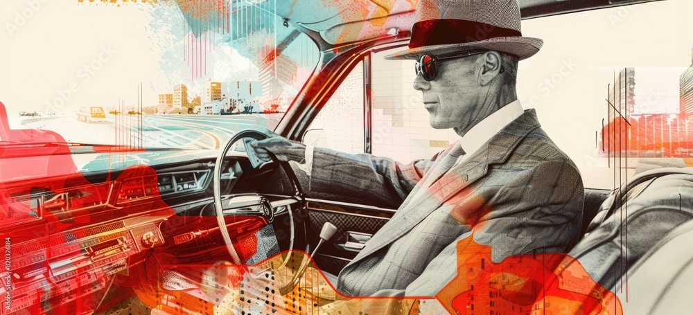 The image shows a man in a hat driving a red car. The man is wearing a ...