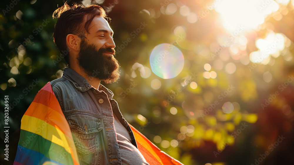 Happy pregnant transgender man wearing pride rainbow flag. Trans man ...