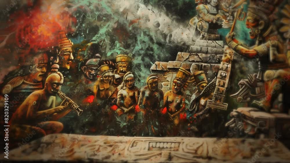 Colorful ancient illustration of the Mayan or Aztec civilization ...