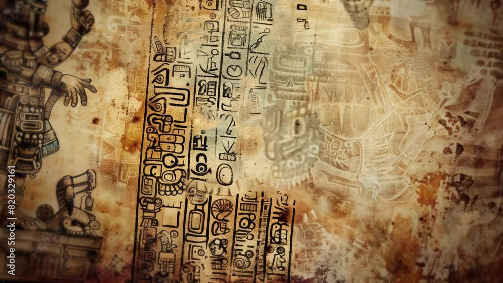 Ancient Maya manuscript, with Aztec style symbols and hieroglyphics ...