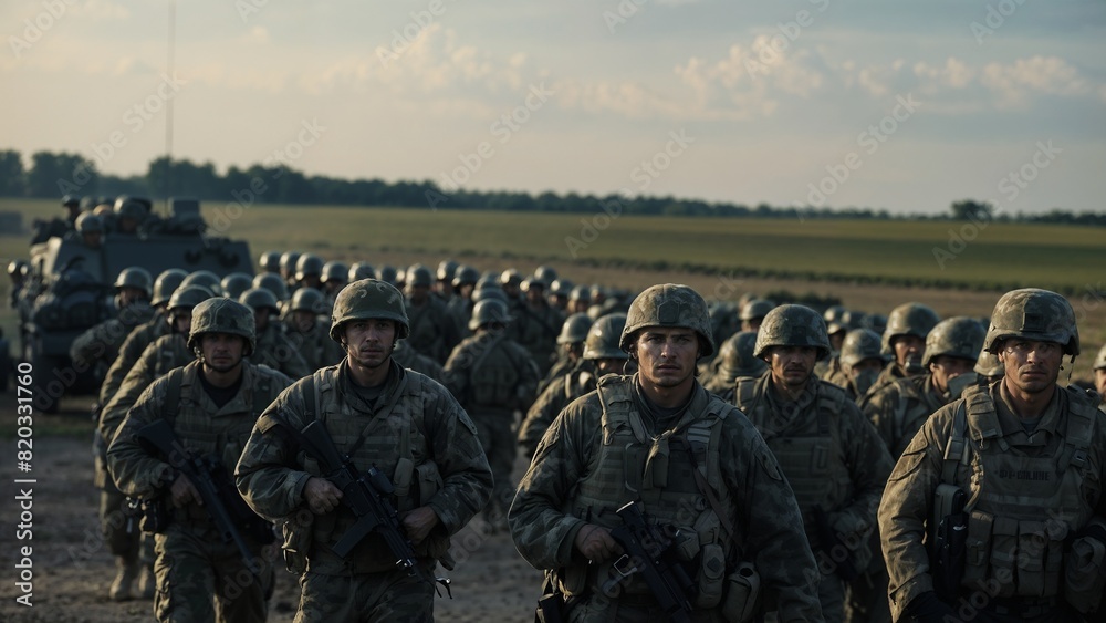 Army with uniformed soldiers wearing military helmets and carrying ...