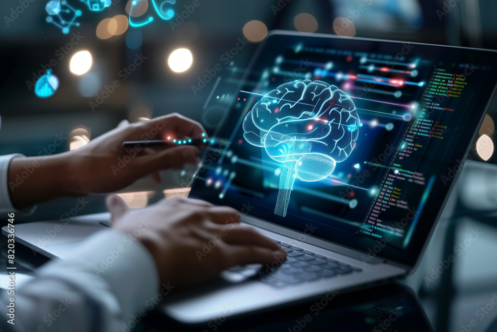 Person prompting on laptop with brain of AI Machine learning artificial ...