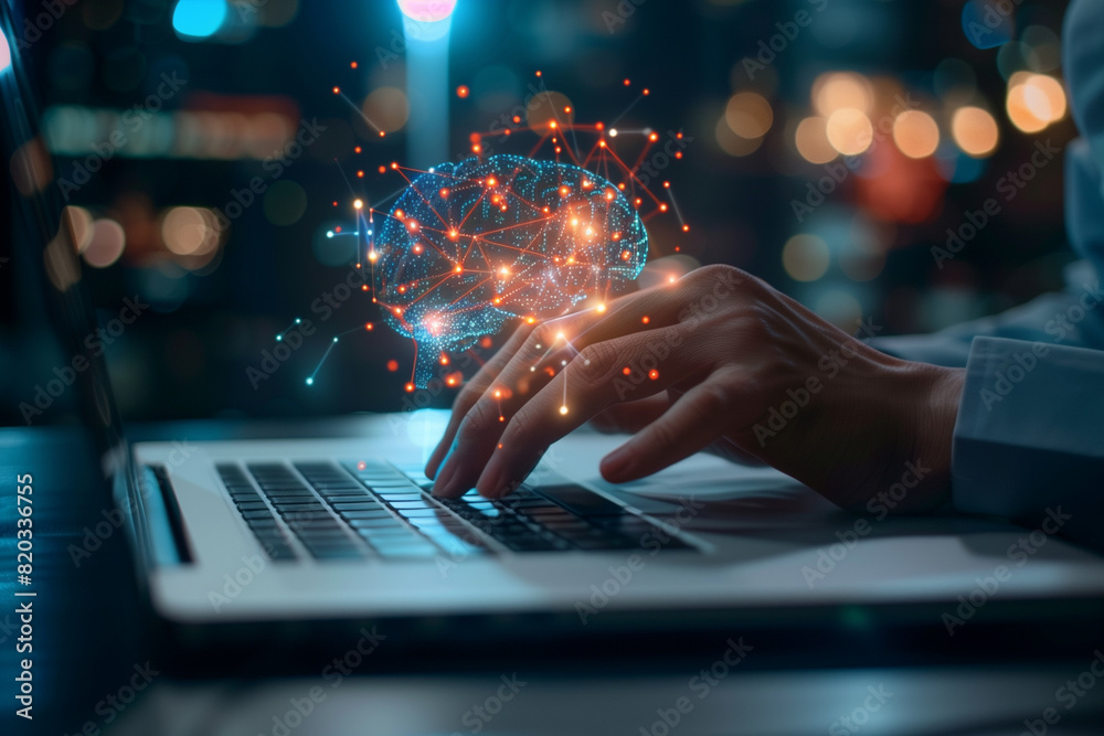 Person prompting on laptop with brain of AI Machine learning artificial ...