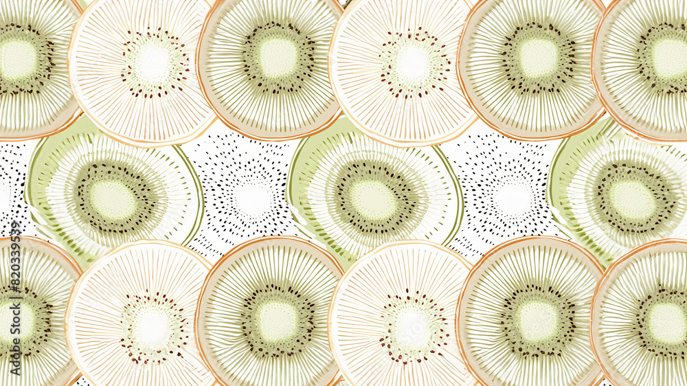 A pattern of kiwi fruit is shown in various sizes and orientations ...