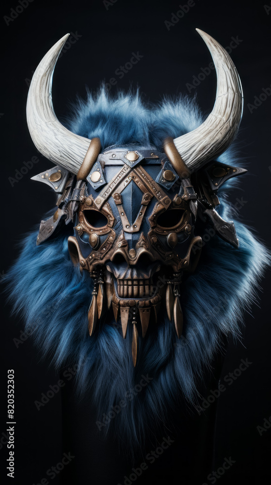 The mask features horns and a skull design, resembling a mythical ...