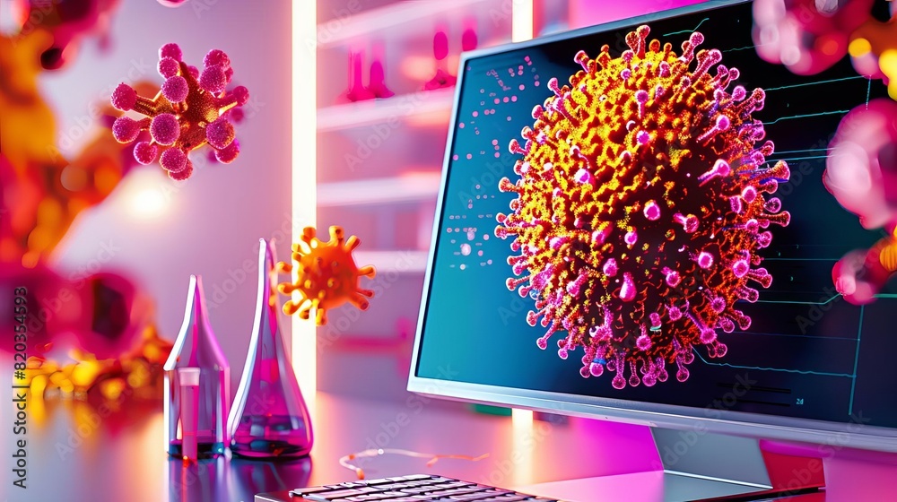 A computer screen displaying a complex algorithm for cancer detection, front view, represents ...