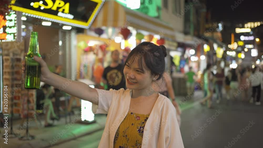 Drunk alcoholic woman Asian Vietnamese woman travel at night, drinking ...