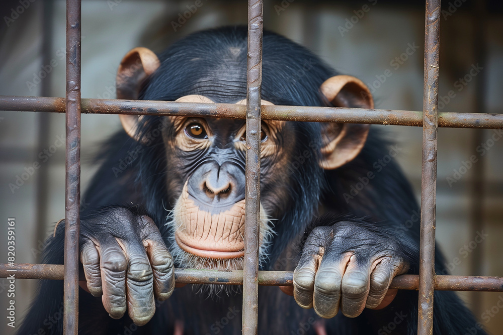 Sad chimpanzee locked behind the bars of a zoo or lab cage, a stark ...