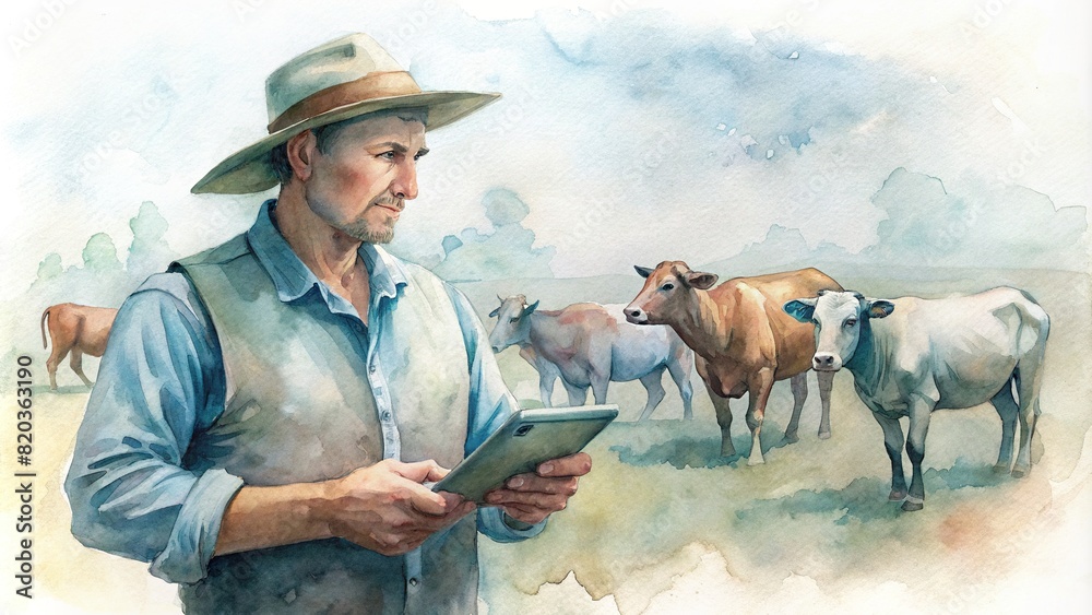 Farmer using a handheld device to monitor livestock health and manage ...
