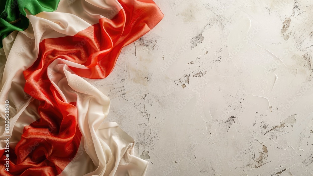 Italian flag colors in silk fabric elegantly draped on textured white ...