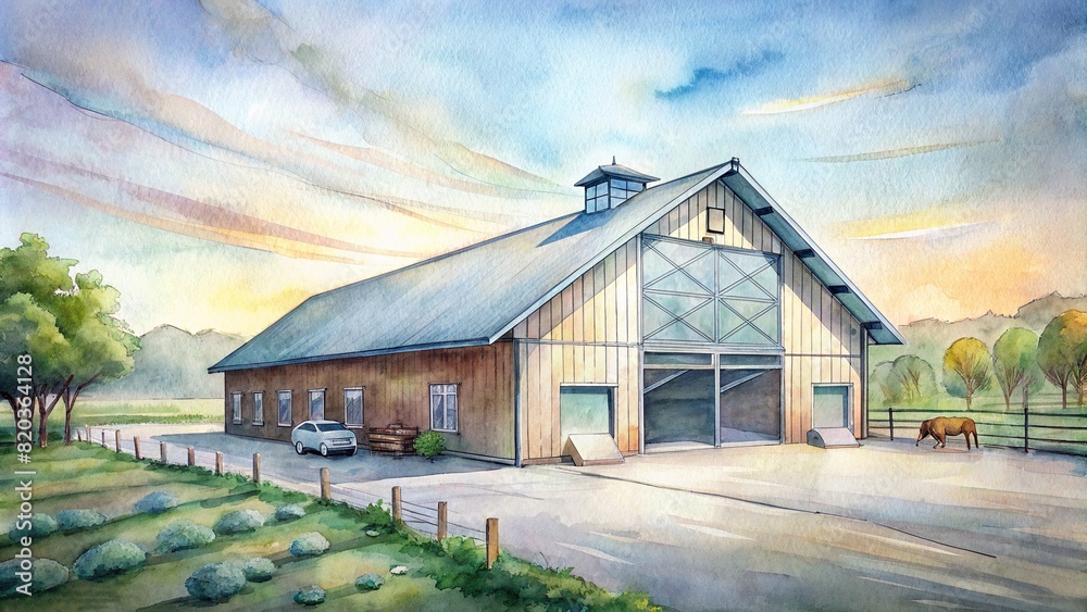 A modern barn on a smart farm, equipped with automated feeding systems ...