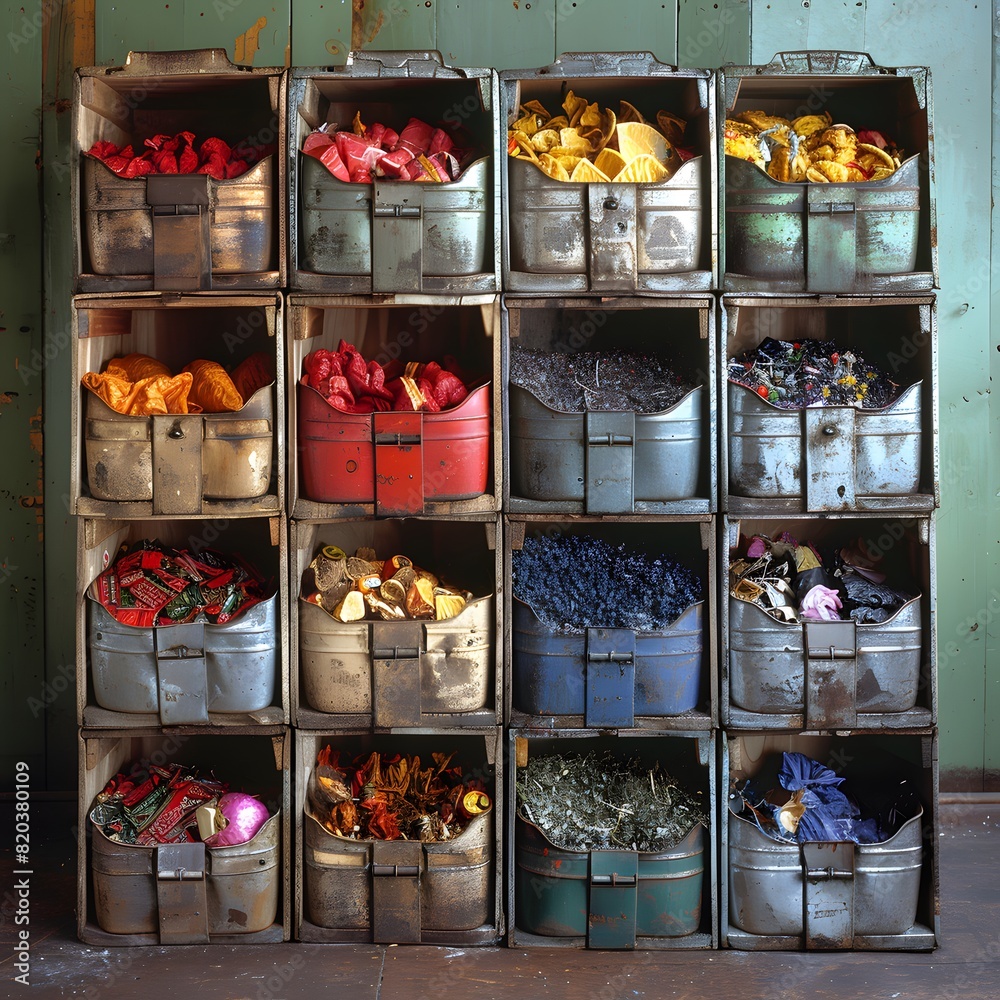 Recycling bins with various compartments for sorting different types of ...