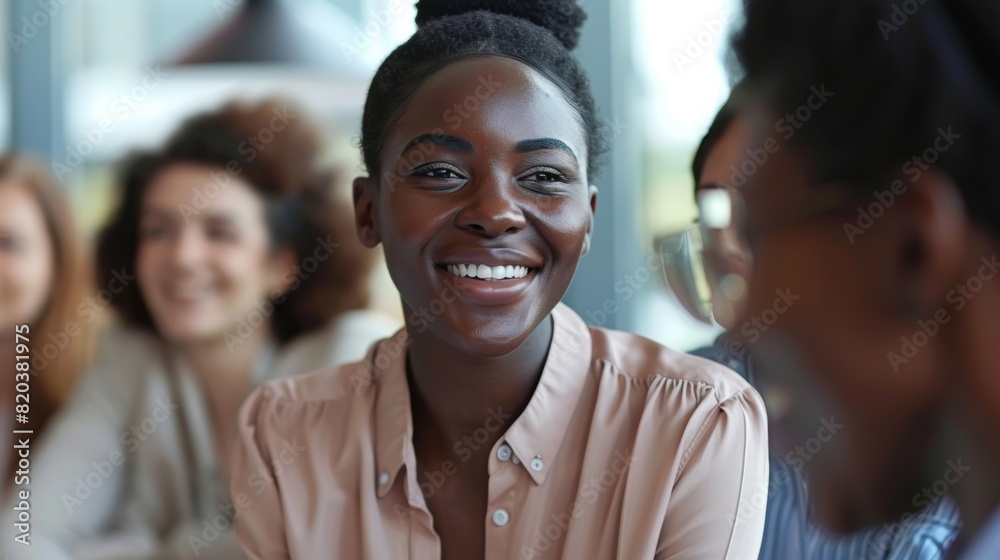 Female black executive leader talking to happy diverse employees group ...