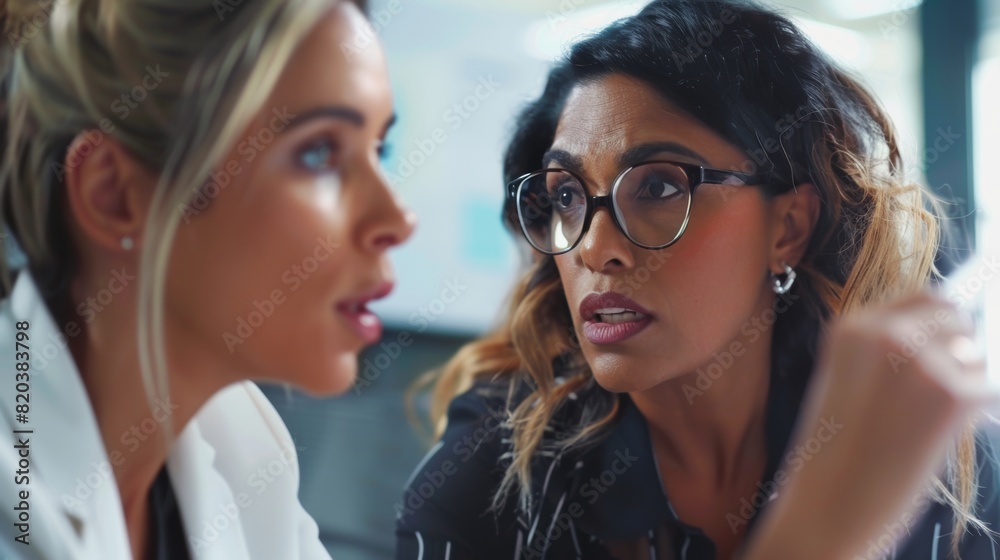 Two diverse serious businesswomen discussing business project working ...