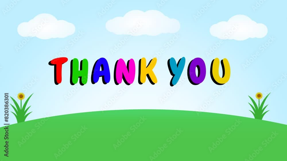 Thank you text animation with spring flowers on the meadow background ...