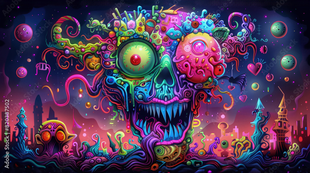Colorful monster heads frazzled with hearts and eyes, in surrealism ...
