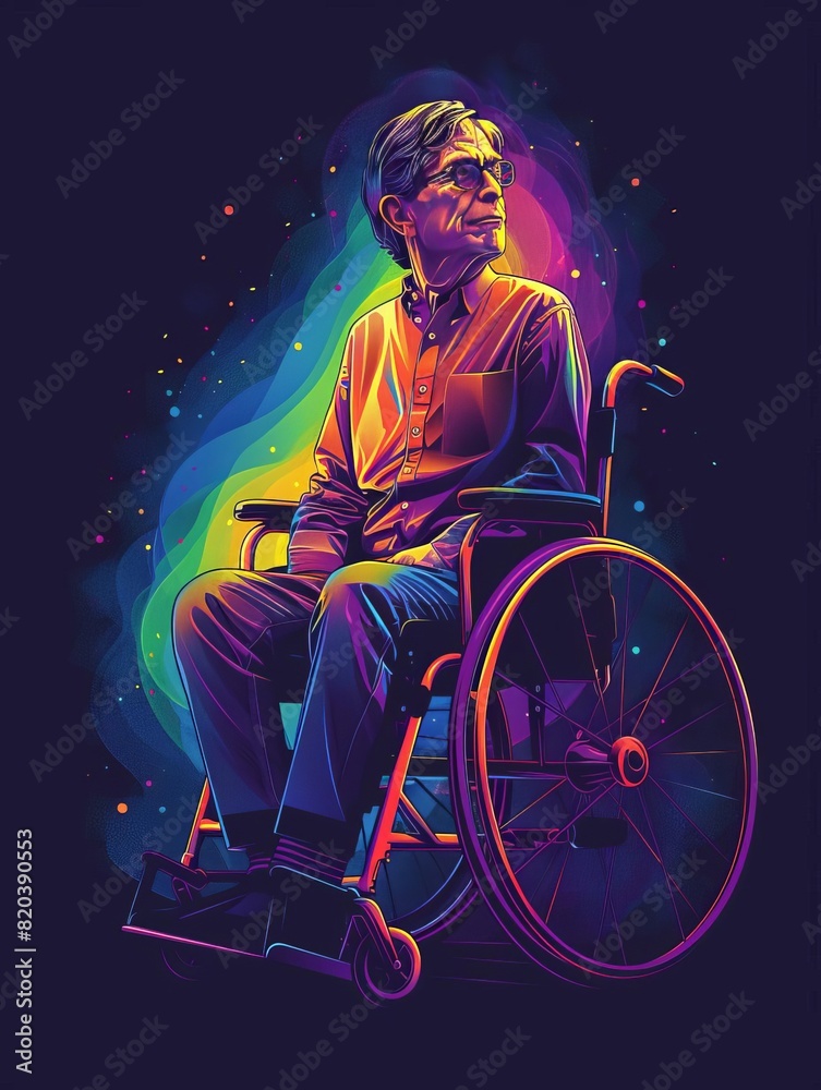 Create a vibrant vector portrait of Stephen Hawking in a retro 70s ...