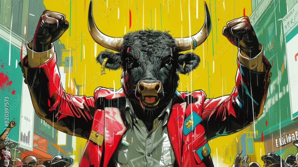 Stylish and Animated Bull in Suit Joyfully Raising Arms in Winning Pose ...