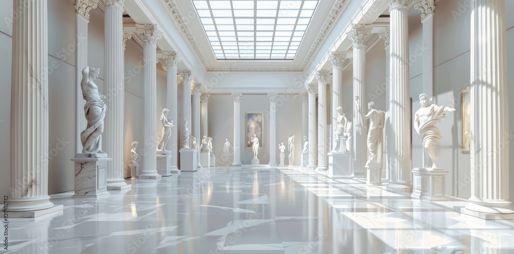 White marble statues and sculptures in an empty museum room with ...