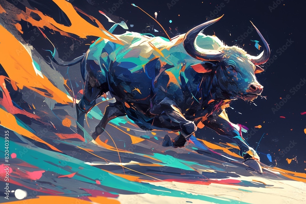 Vibrant Geometric Polygon Minotaur Sculpture Leaping Across Dark ...