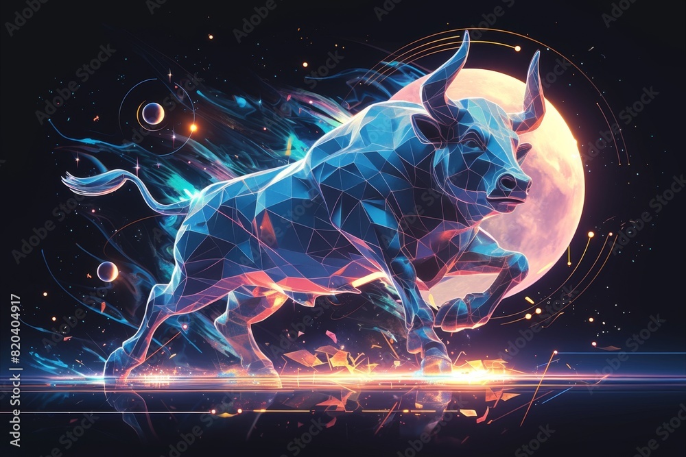 Majestic Geometric Polygon Bull Sculpture Charging Across Abstract Dark ...