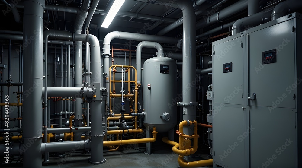 Piping inside industrial chiller plant room and buffer tank.generative ...