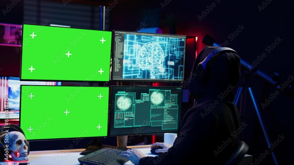 Cybercriminal using AI deep learning to produce virus corrupting data on mockup PC. Rogue ...