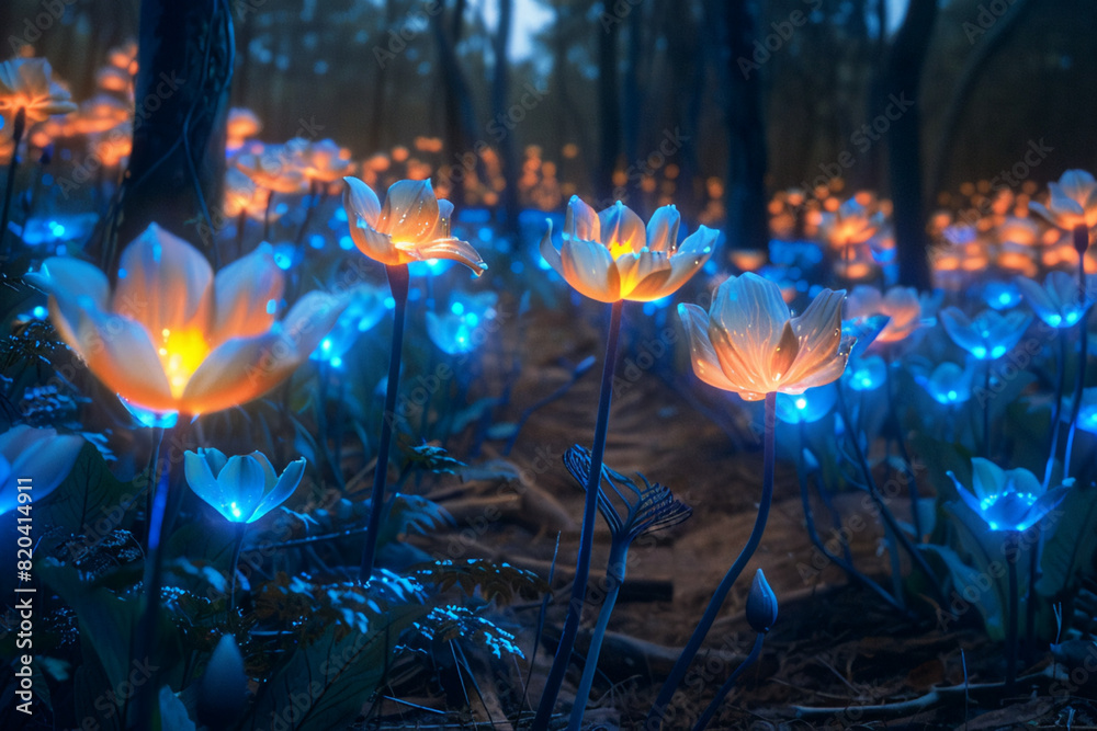 Generate an image captured by a camera of an otherworldly garden filled ...