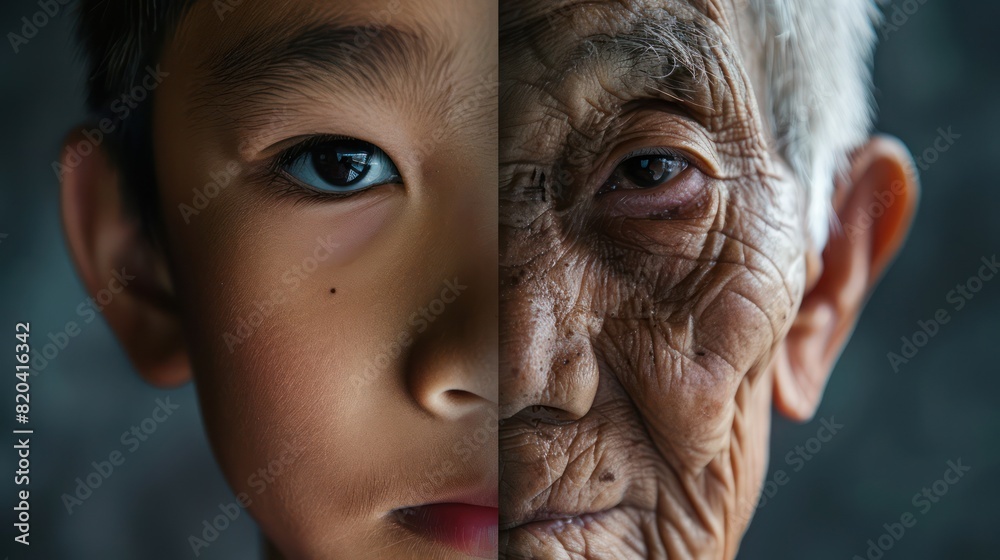 The face is divided into two halves - half of an Asian boy and half of ...