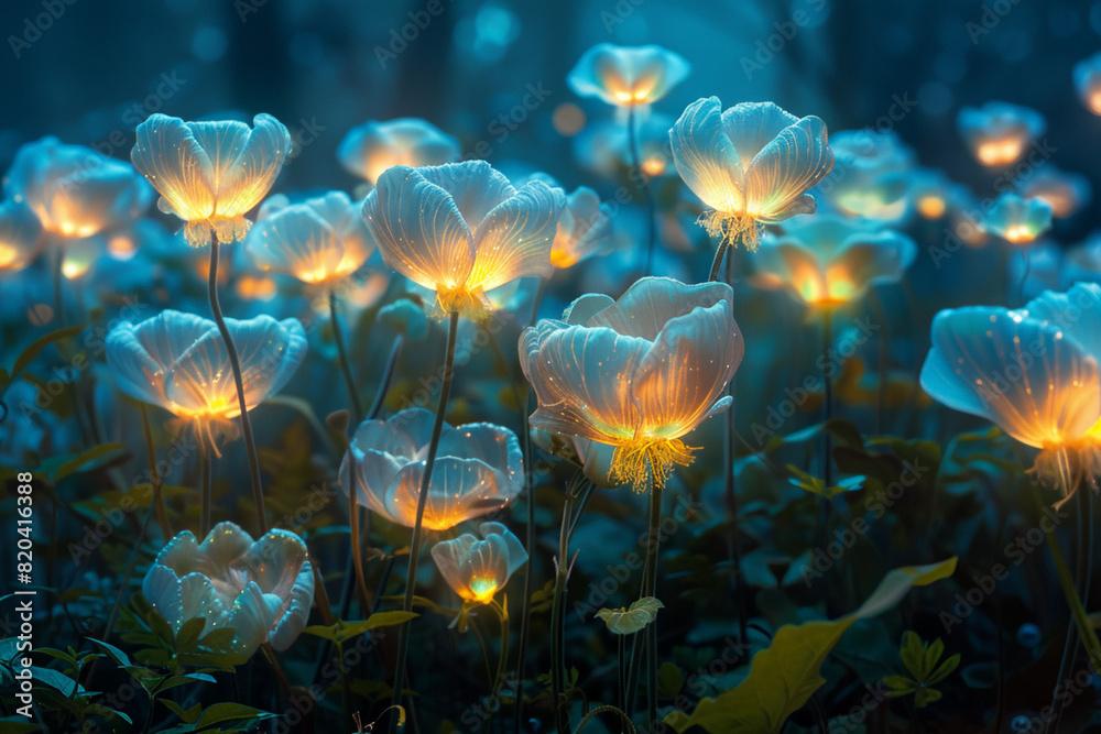 Generate an image captured by a camera of an otherworldly garden filled ...