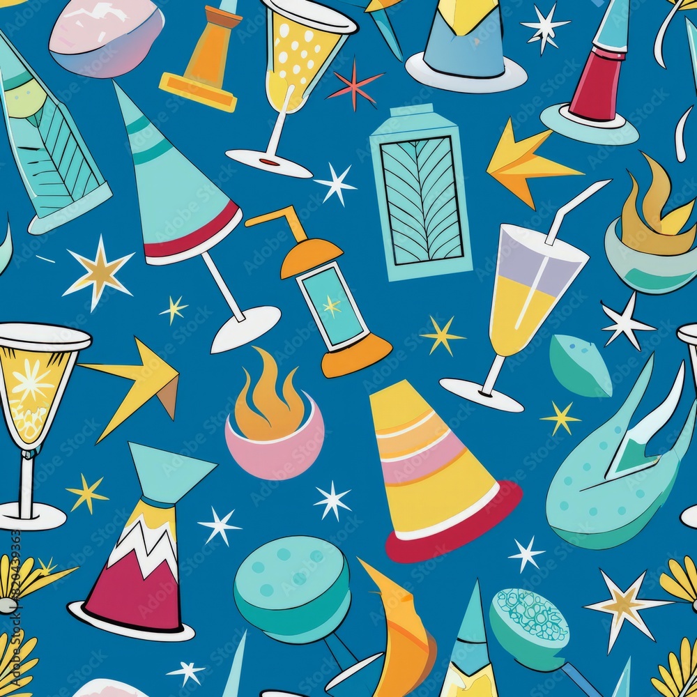 Seamless pattern of retro-inspired patterns like boomerangs and lava ...