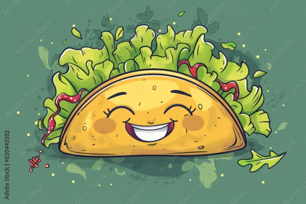 Cartoon cute doodles of a smiling taco with lettuce hair and salsa lips ...