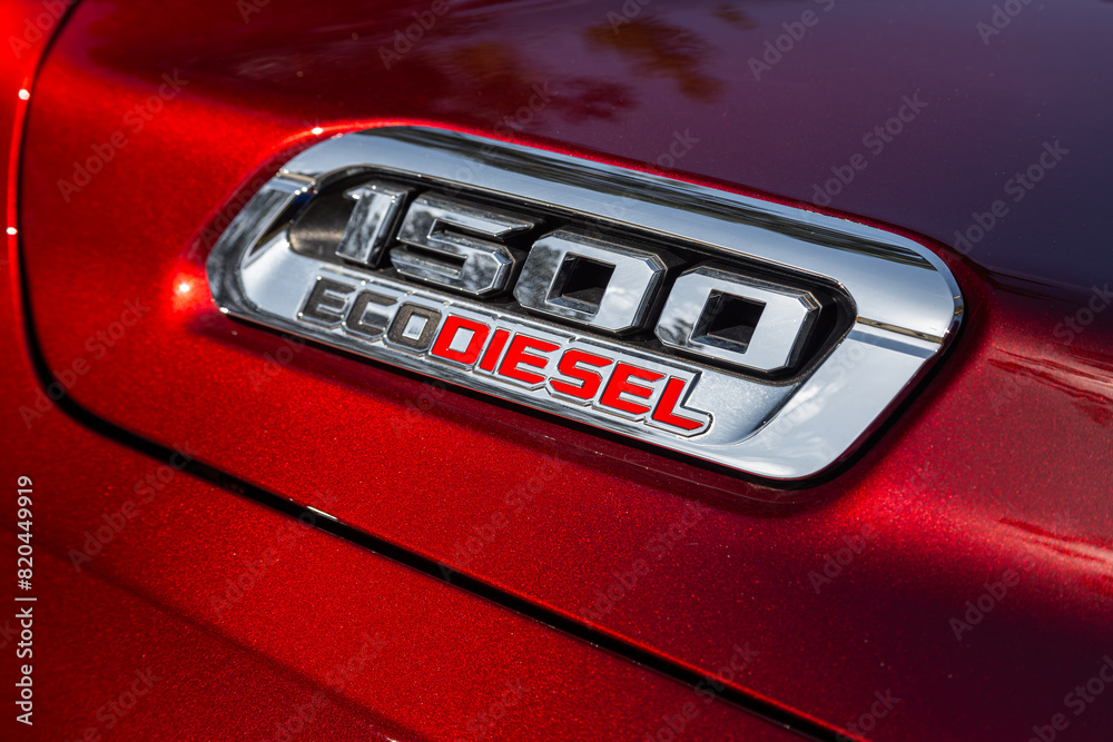 Novosibirsk, Russia - May 15, 2024: red Dodge Ram 1500 LongHorn, close ...