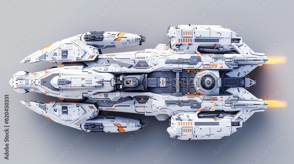 Spaceship flat design top view theme interstellar travel 3D render ...