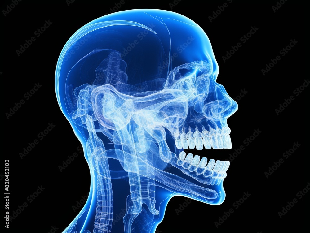 X-ray image of human skull and neck in profile view, highlighting bone ...