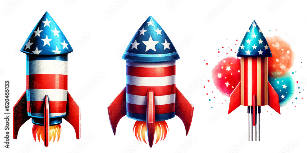 Firework Rocket with American flag design in 3D watercolor style ...