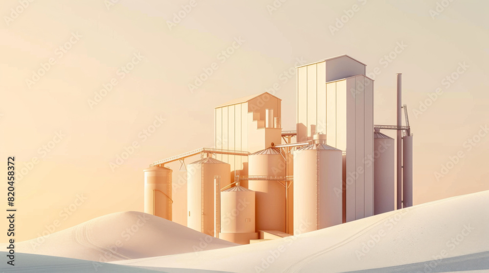 Sunlit grain storage silos stand majestically against a sandy desert ...
