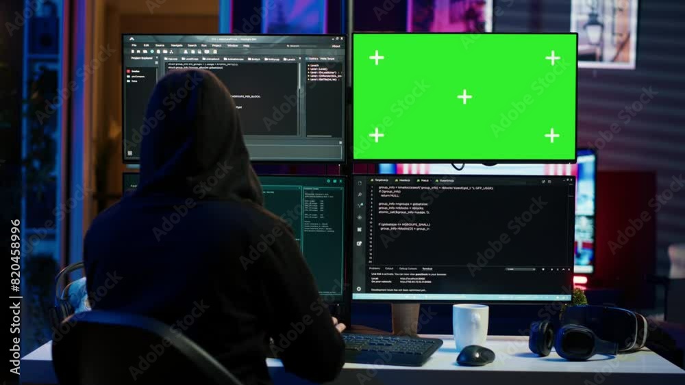 Dangerous man hacking using green screen PC, stealing credit card numbers and infiltrating ...